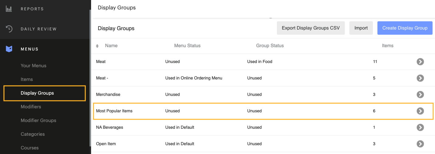 Online Ordering: Most Popular Items Display Group Support Center